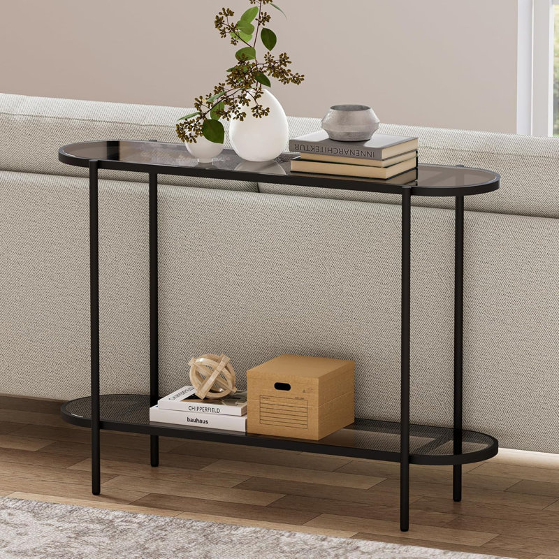 Ebern Designs Black Console Table Narrow Glass Sofa Table 2 Tier Wayfair